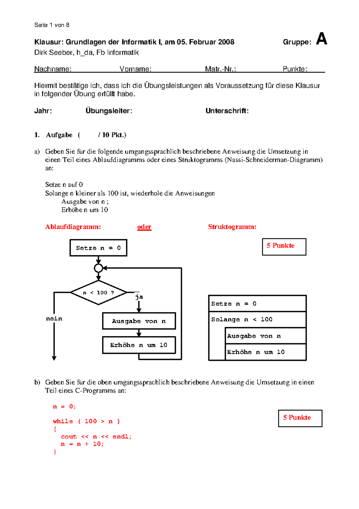 INF Kl WS07 A Lsg - Wintersemester 2007 - Klausur: Grundlagen der ...