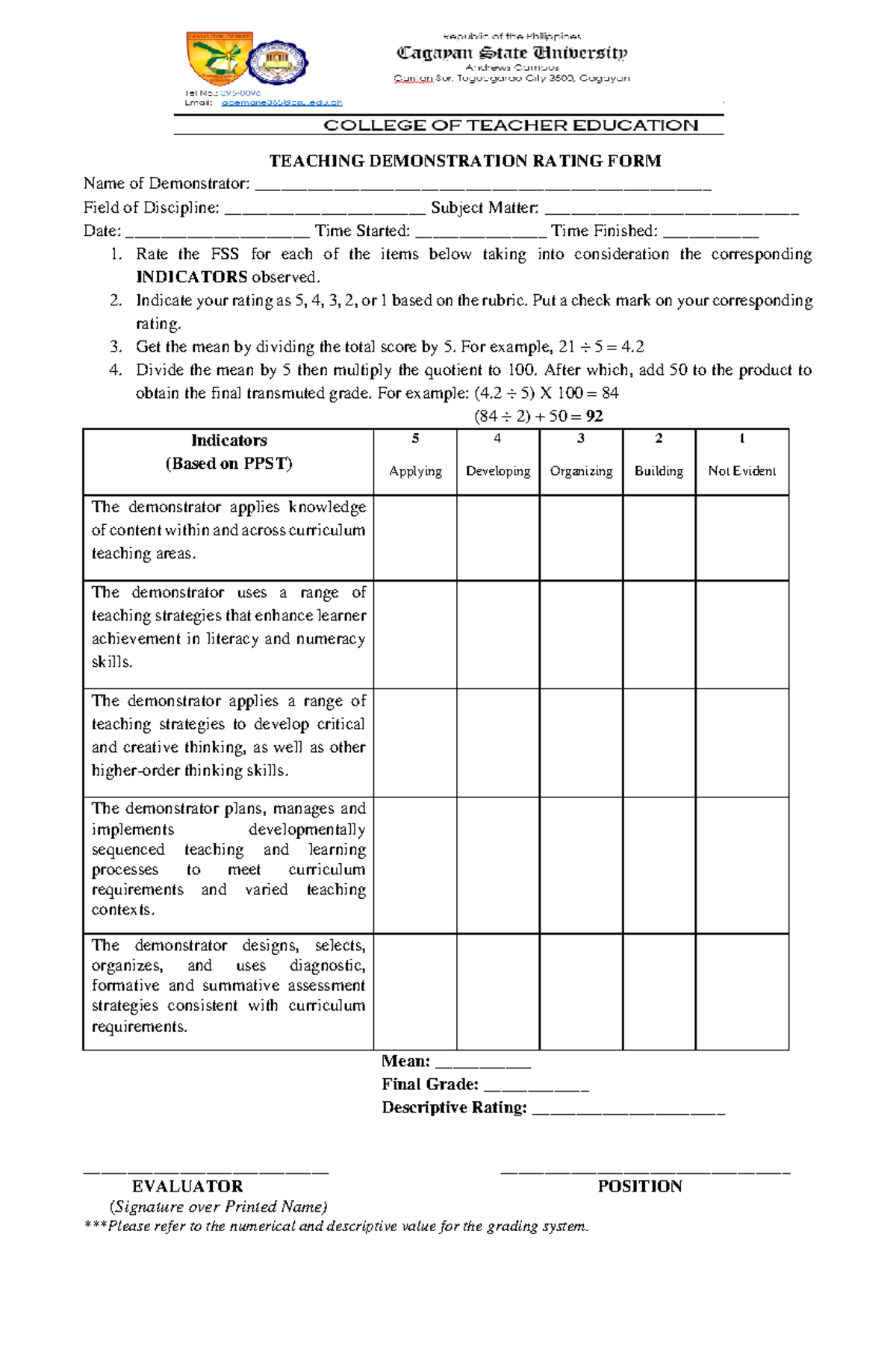 PPST based Rating Sheet for Demo Teaching - TEACHING DEMONSTRATION RATING FORM Name of ...