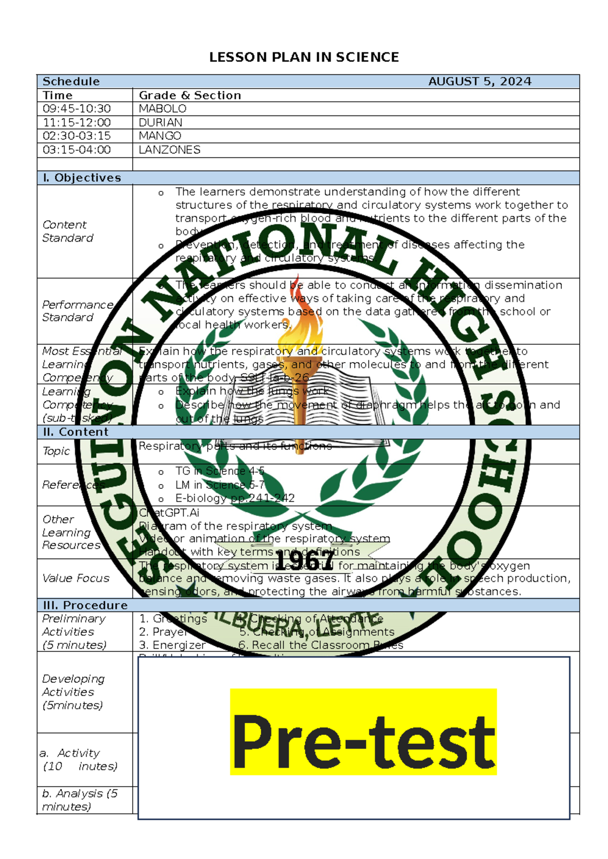 August 5, 2024 - My own Lesson plan - LESSON PLAN IN SCIENCE Schedule ...