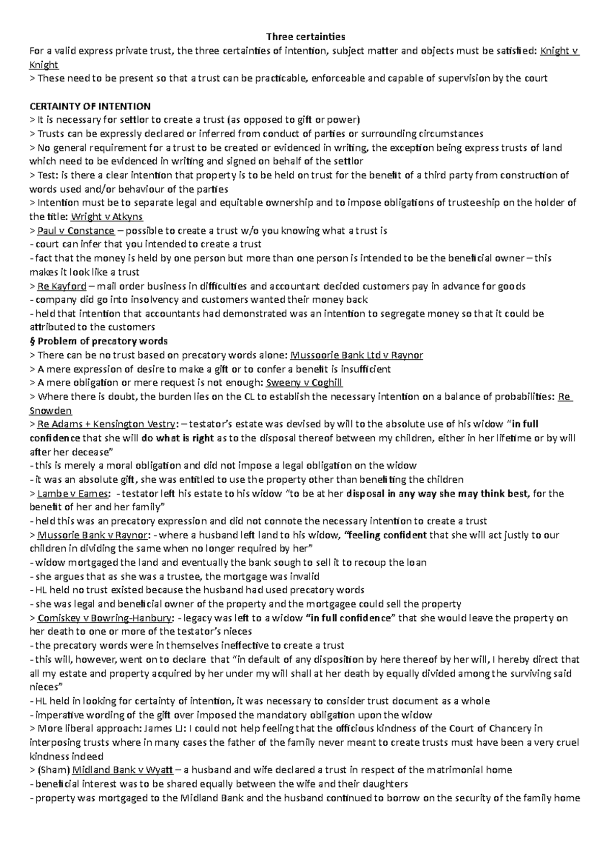 Three certainties - Lecture 3 - Three certainties For a valid express private trust, the three ...