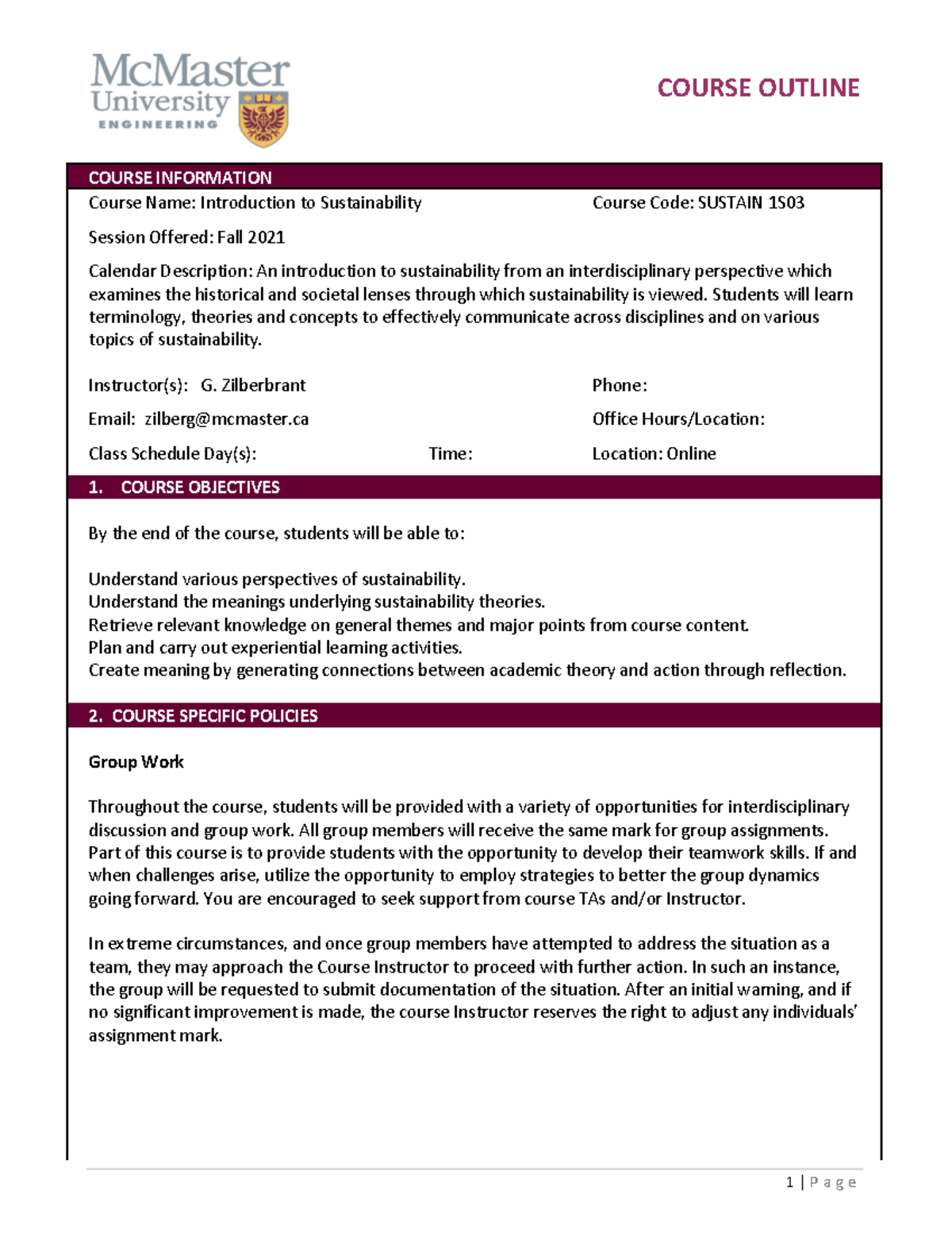 Sustain 1S03 Course Outline - COURSE OUTLINE COURSE INFORMATION Course ...