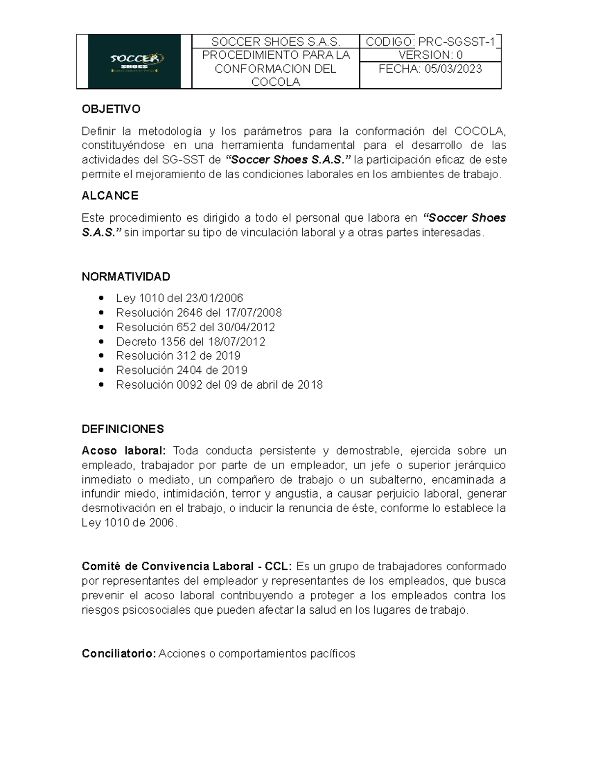Procedimiento PARA LA CONFORMACION DEL COCOLA - PROCEDIMIENTO PARA LA ...