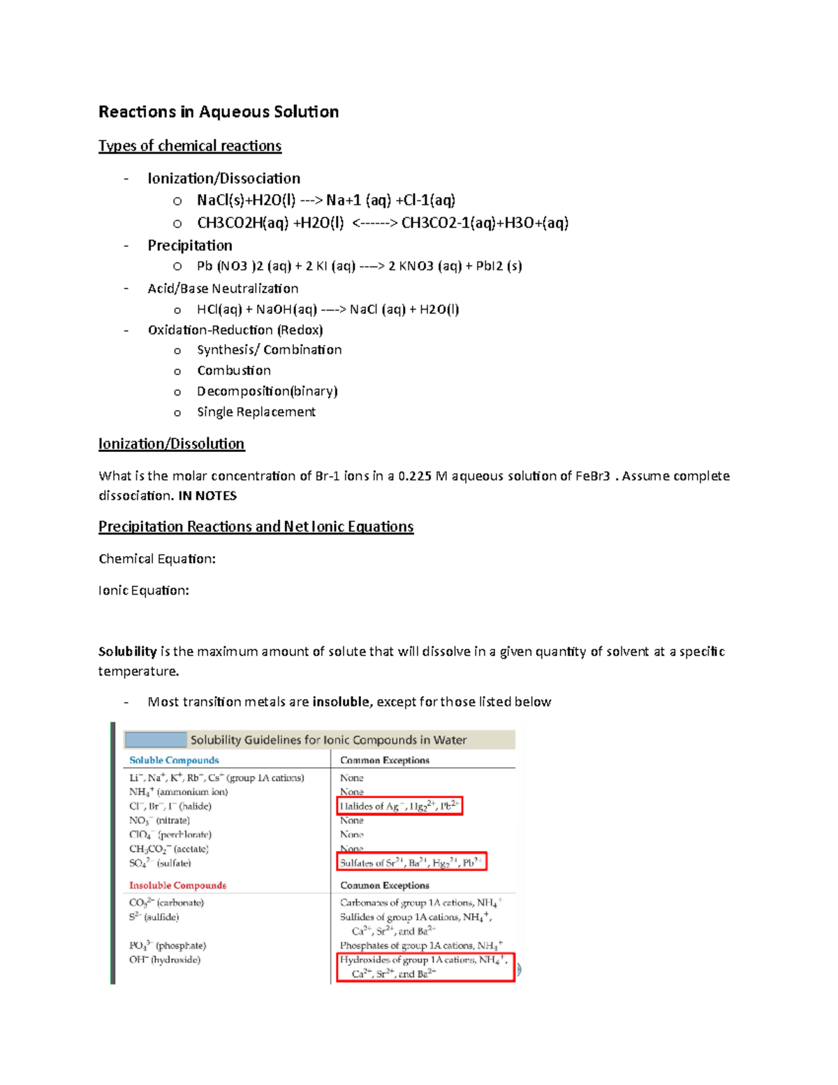 Chem- Chapter 4 Solubility Chart - Reactions in Aqueous Solution Types ...