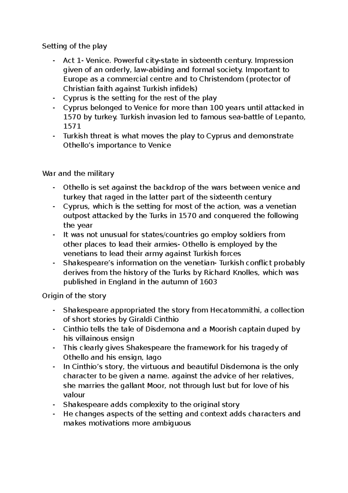 Context of Othello - Setting of the play - Act 1- Venice. Powerful city ...