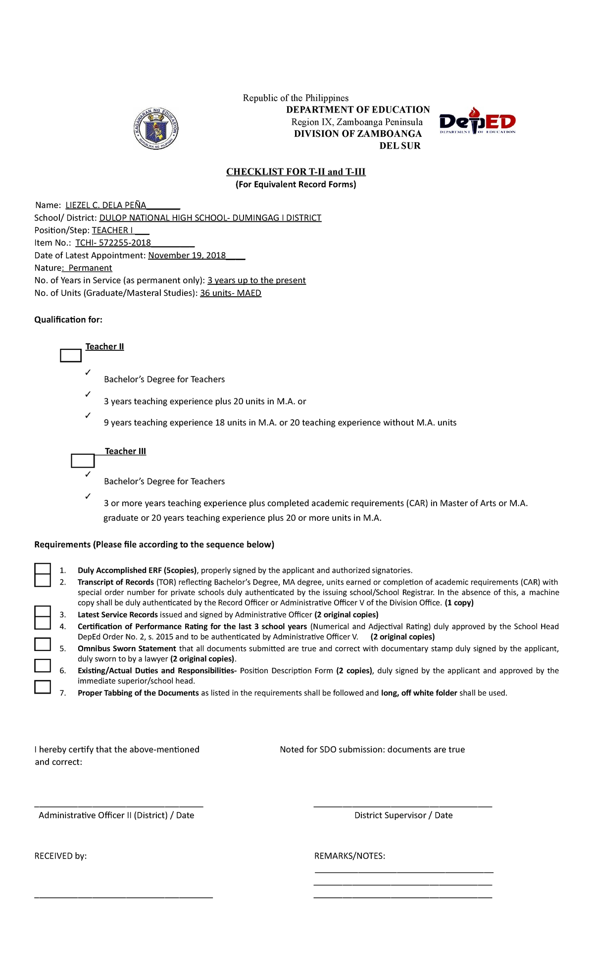 Checklist-FOR-T2 T3- Reclass - Republic of the Philippines DEPARTMENT ...