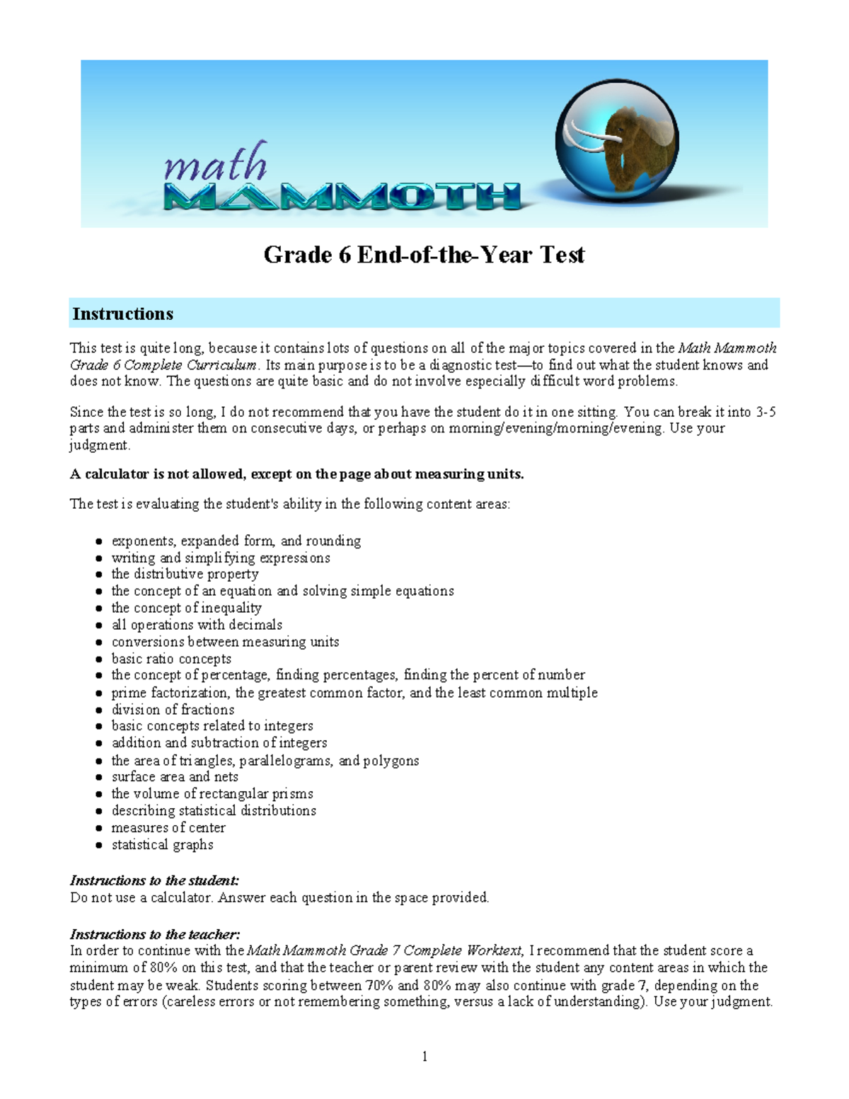 End of Year Test Grade 6 - Year 6 practice exam for trial runs and ...