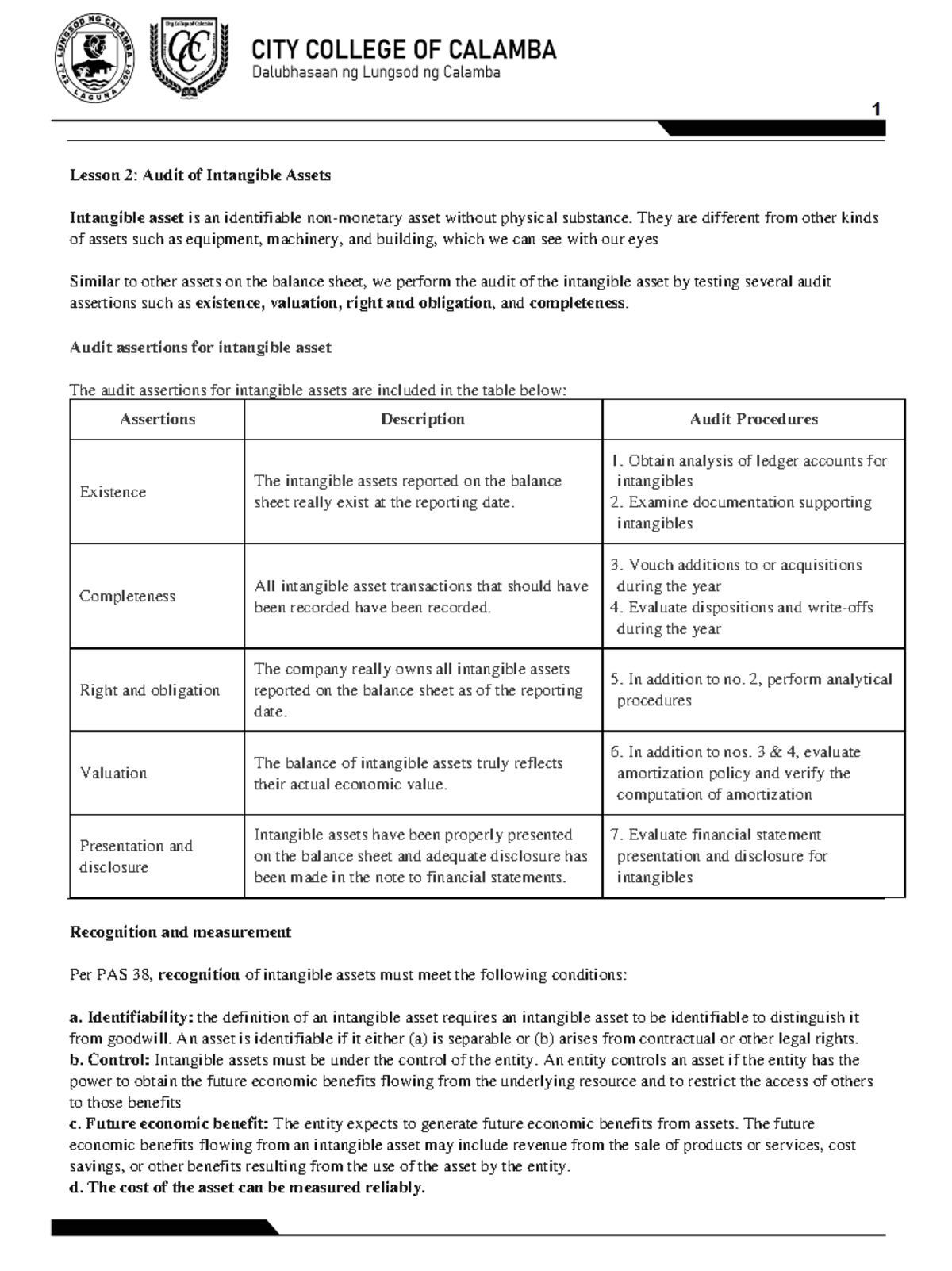 AASI302 Midterm Lesson 2 - Lesson 2: Audit of Intangible Assets ...