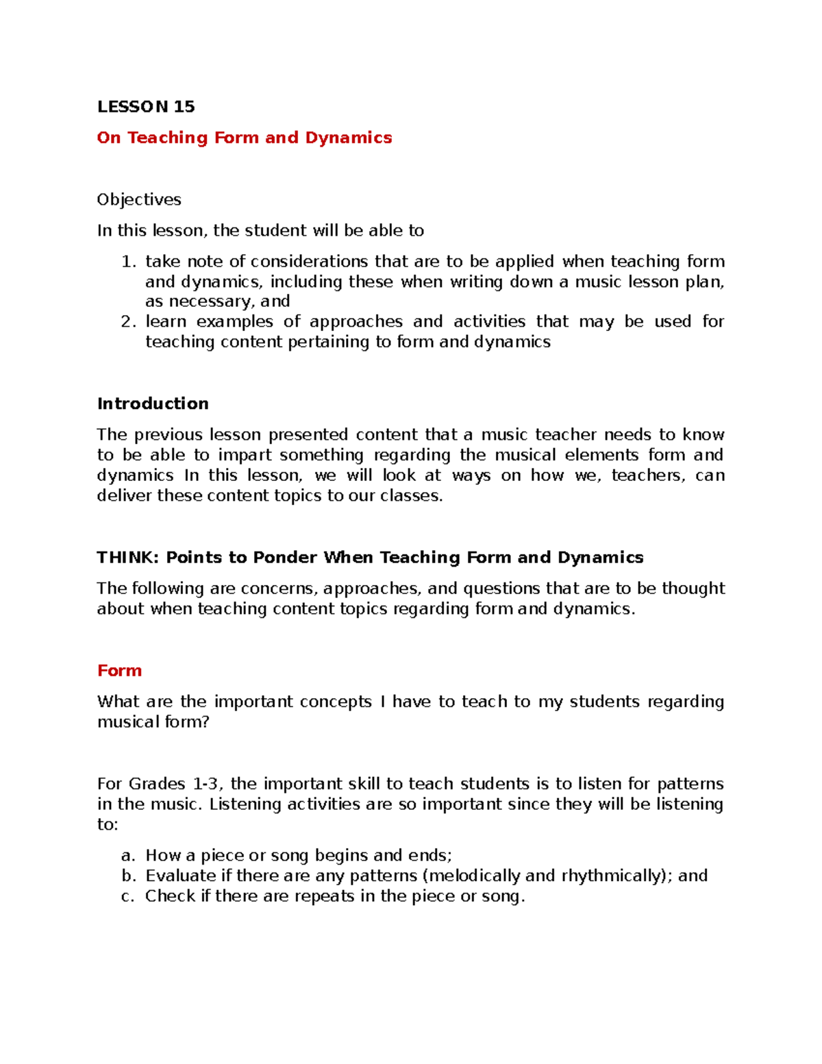 Lesson 15 On Teaching Form and Dynamics - LESSON 15 On Teaching Form ...