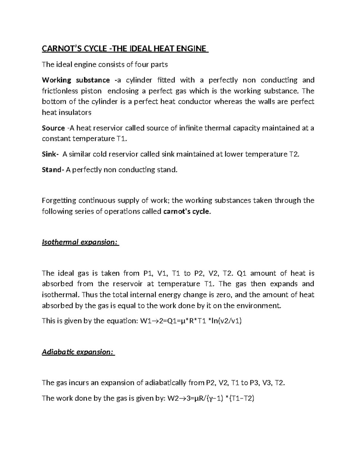 Carnot's cycle - CARNOT’S CYCLE -THE IDEAL HEAT ENGINE The ideal engine ...