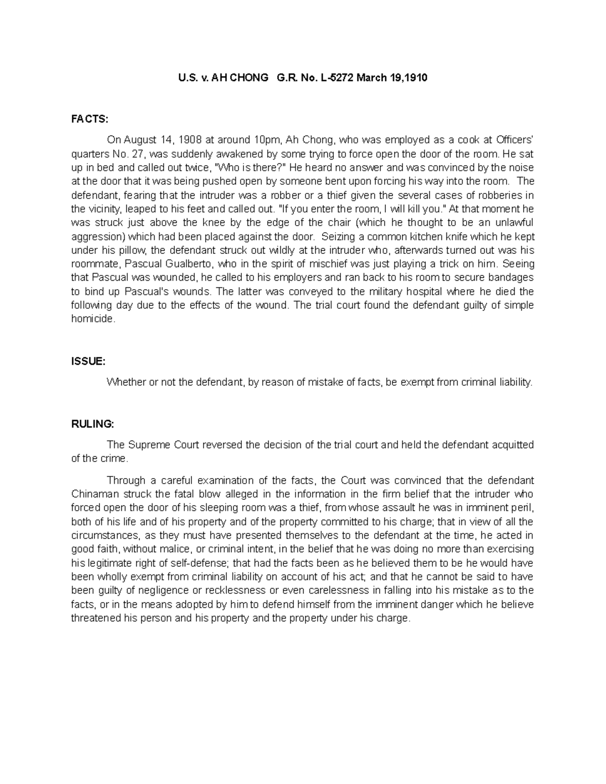 US v. Ah Chong Case Digest - U. v. AH CHONG G. No. L-5272 March 19 ...