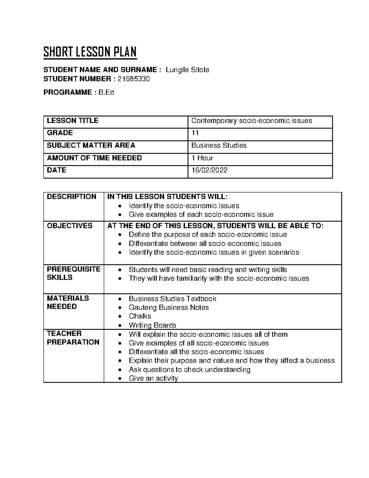 Lesson plan 2 - Don't copy the work. just an example - SHORT LESSON ...