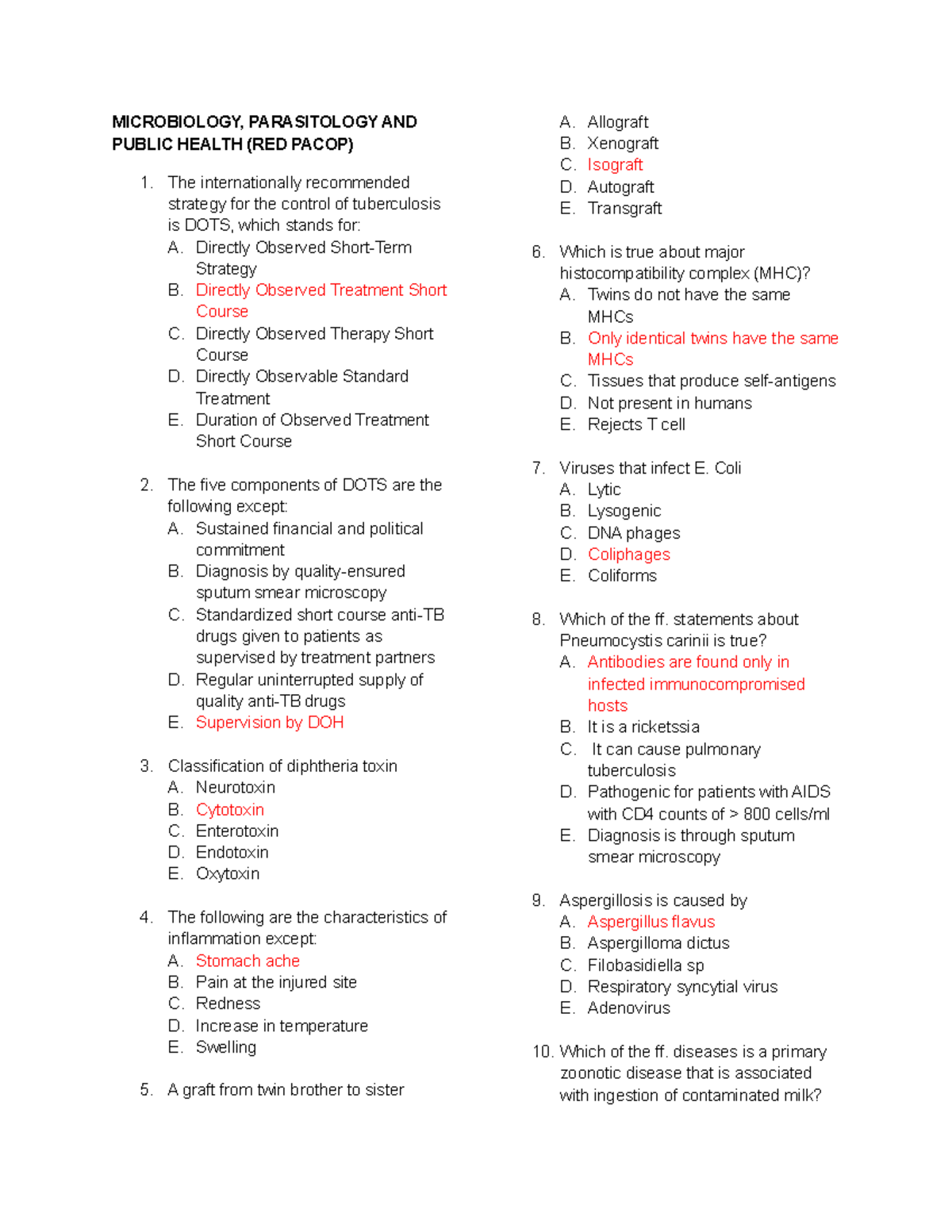 Microbiology,Parasitology and Public Health Answer Key OP ...