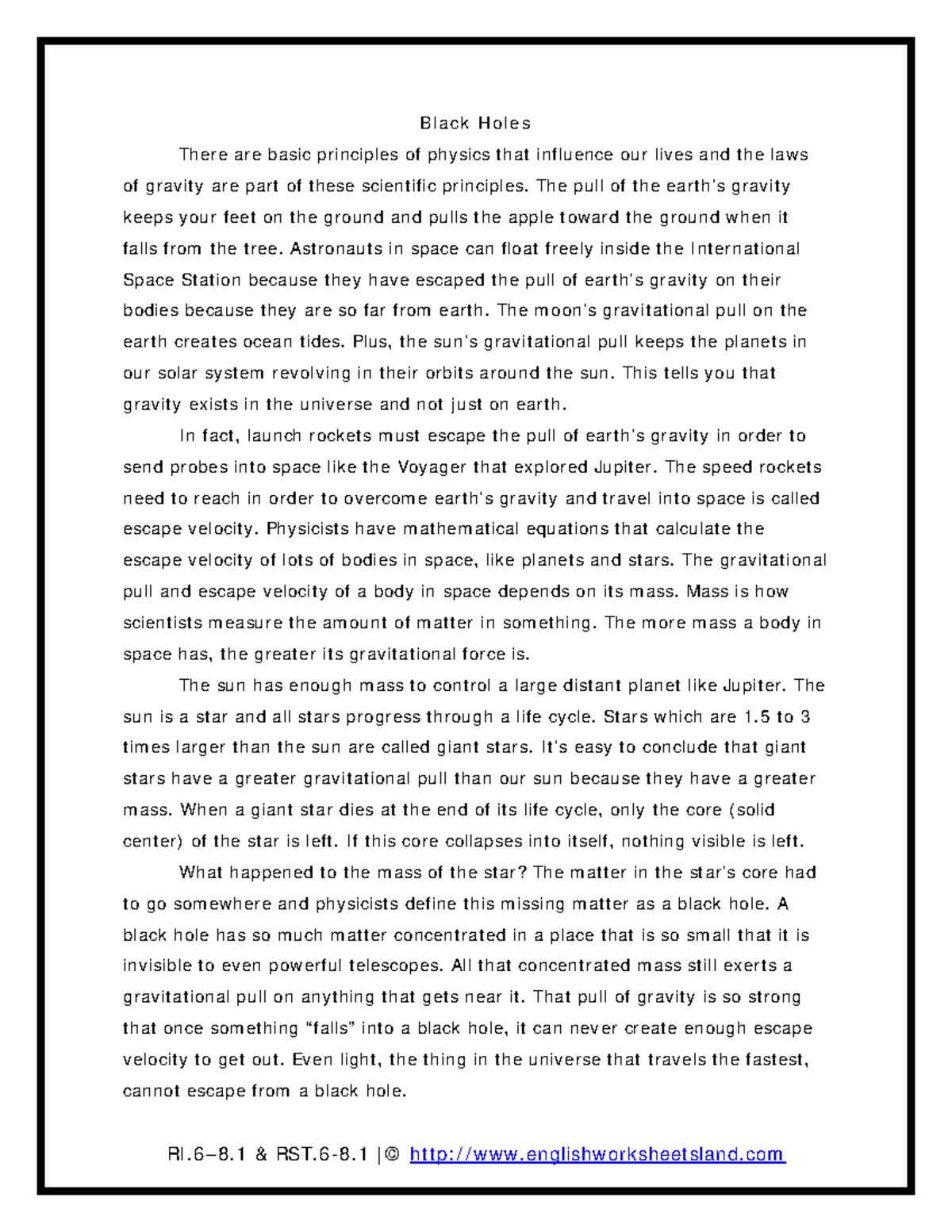 Blackhole-read merged - RI–8 & RST.6-8 |© englishworksheetsland Black ...