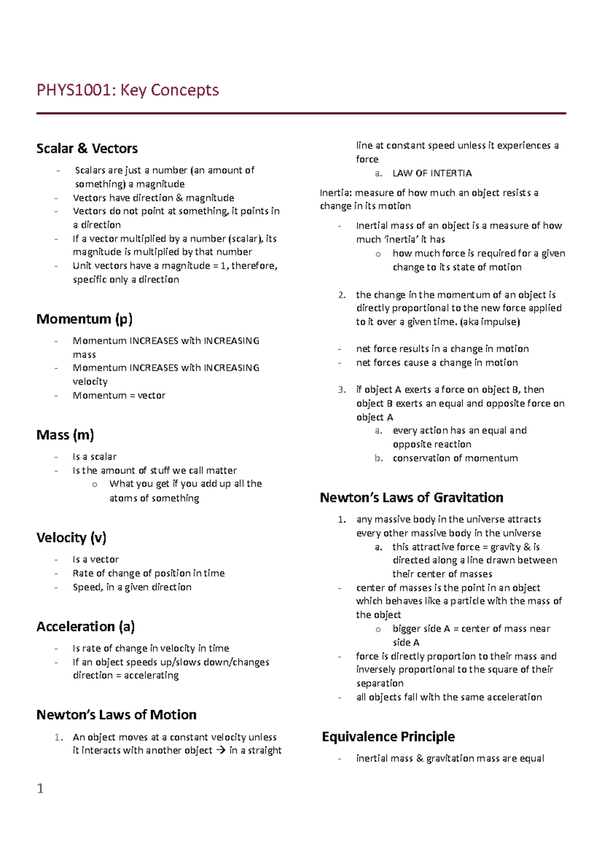 PHYS1001 Key Concepts - all concept summaries - PHYS1001: Key Concepts Scalar & Vectors Scalars ...
