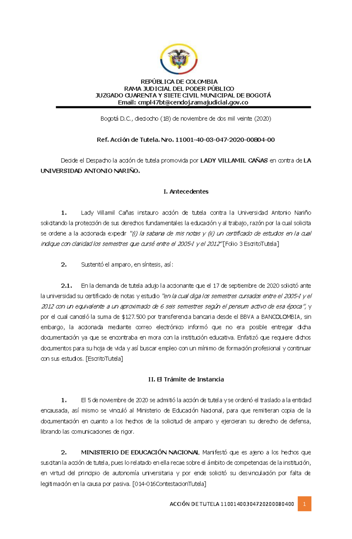 Fallo Tutela 2020-00804 - REPÚBLICA DE COLOMBIA RAMA JUDICIAL DEL PODER ...
