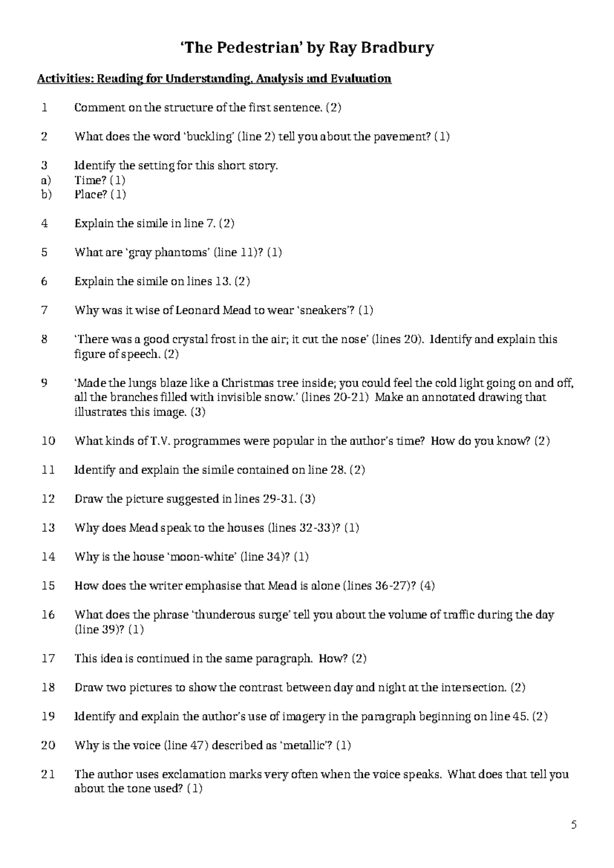 ‘The Pedestrian’ unit - ‘The Pedestrian’ by Ray Bradbury Activities ...