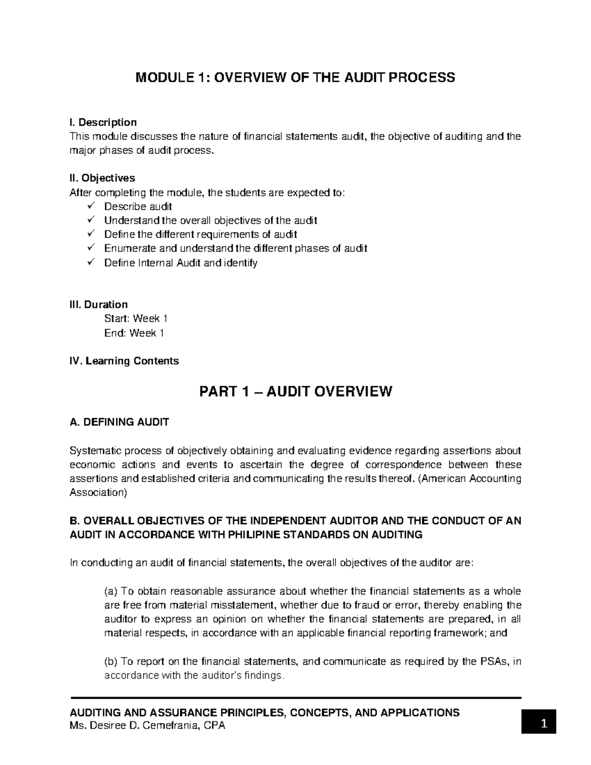 Module 1 - Overview of the Auditing - AUDITING AND ASSURANCE PRINCIPLES ...