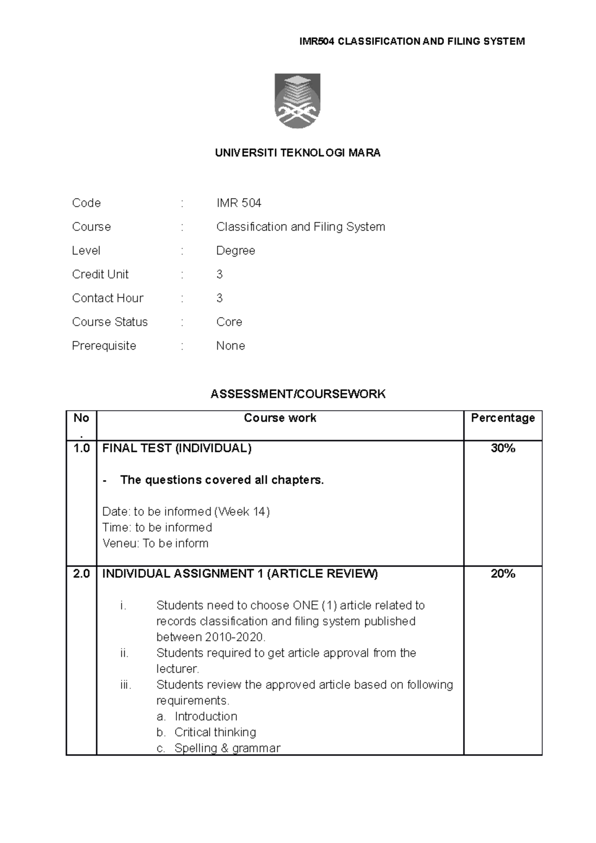 IMR504 Assessment Filling system and Classification - UNIVERSITI ...