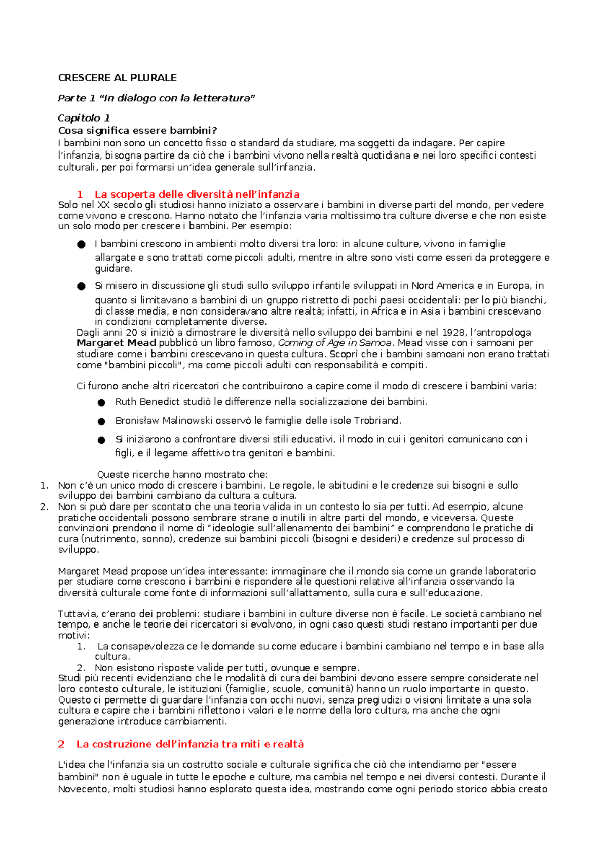 Crescere al plurale - Riassunto linro - CRESCERE AL PLURALE Parte 1 “In ...
