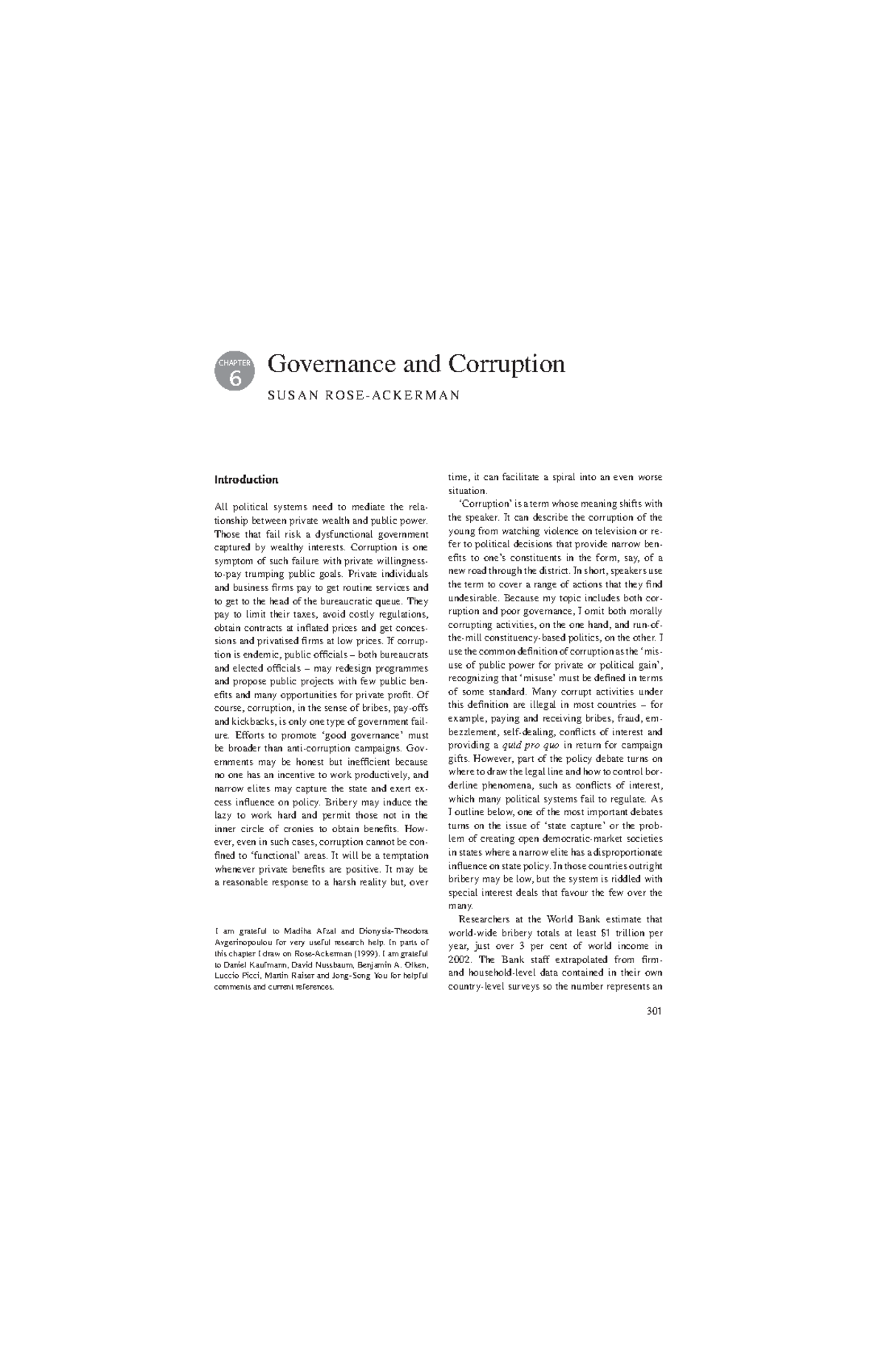 Rose-Ackerman (and critics), governance and corruption, in Lomborg ed ...