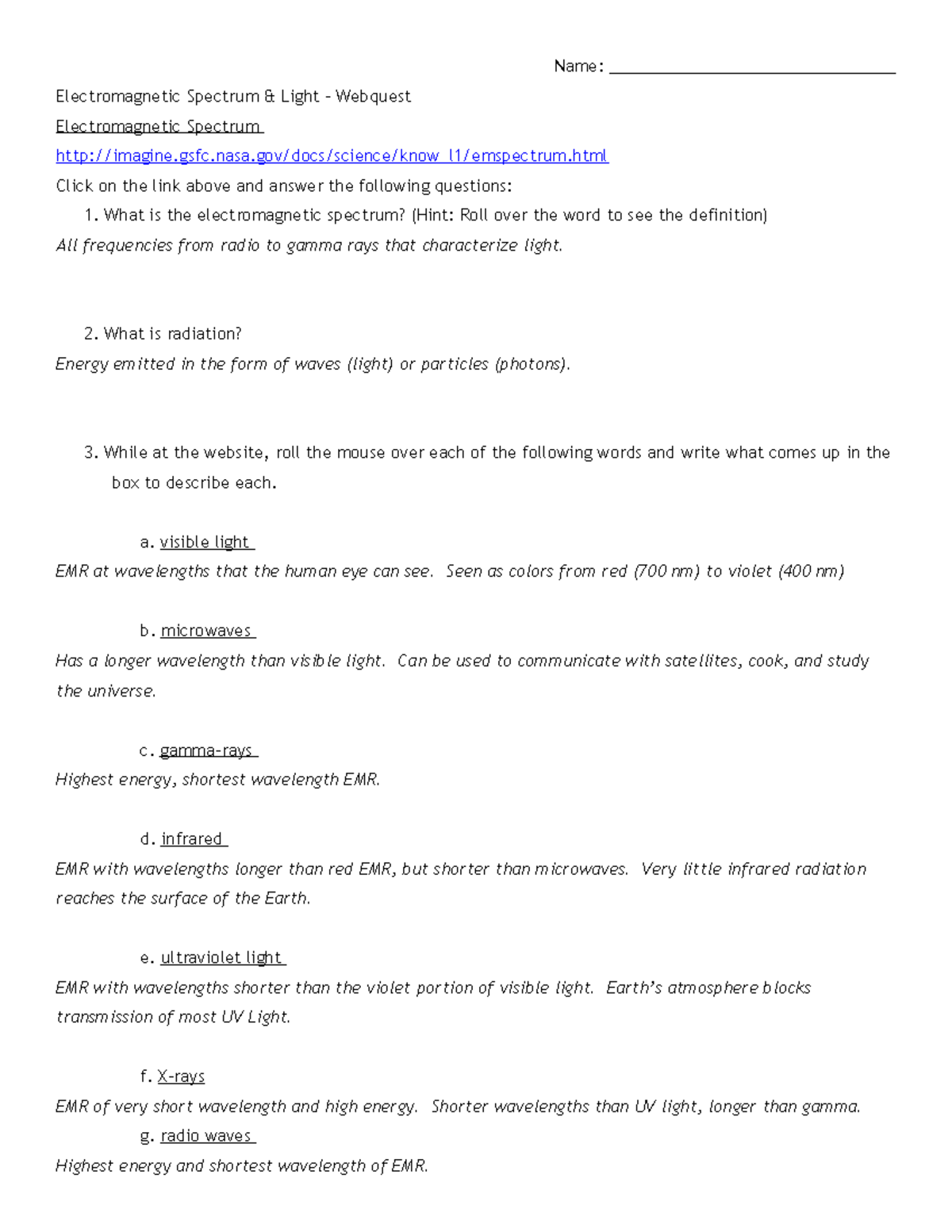 EM Radiation Webquest Key 2 - Name ...