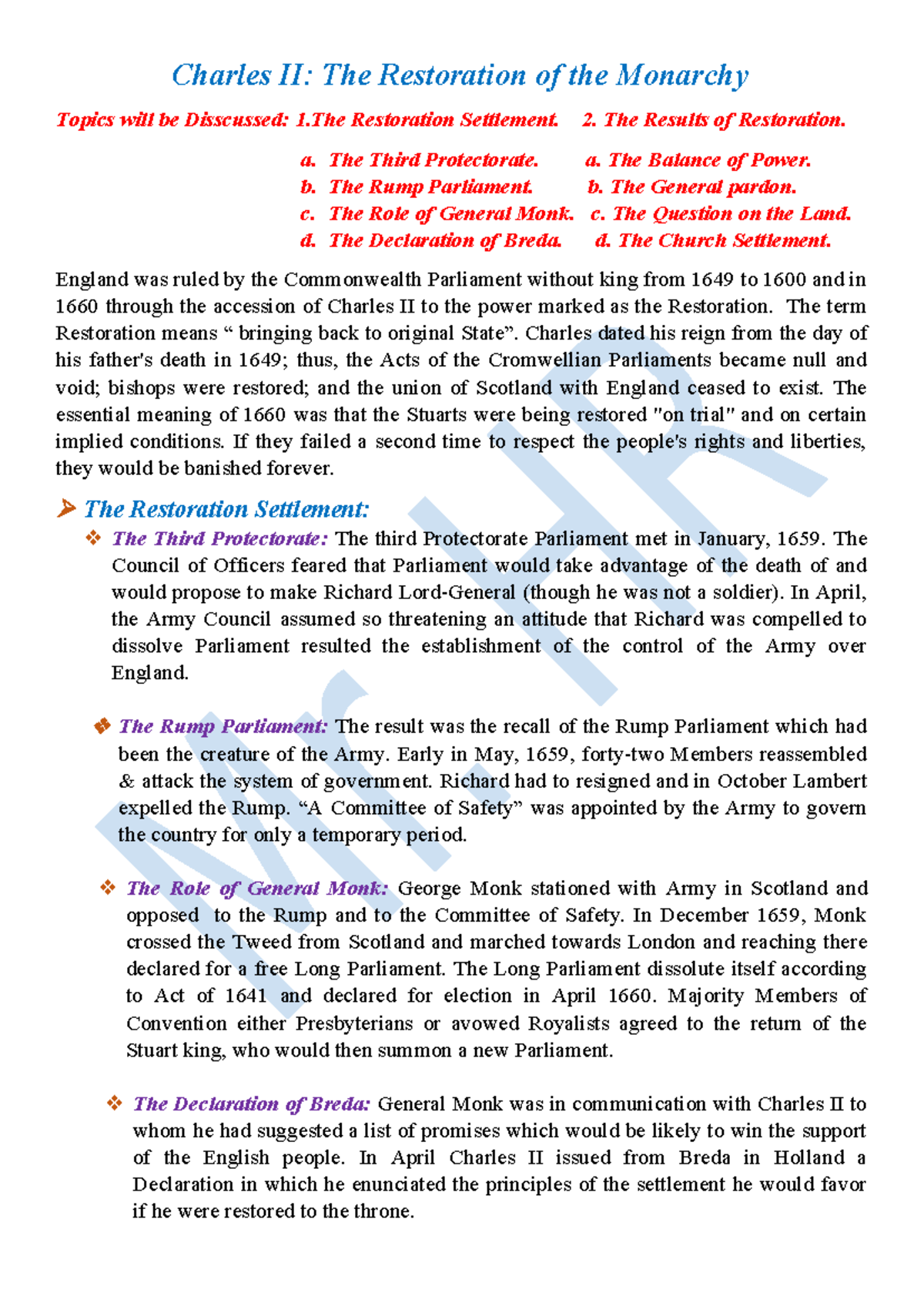 Charles II-The Restoration of the Monarchy. - Charles II: The ...