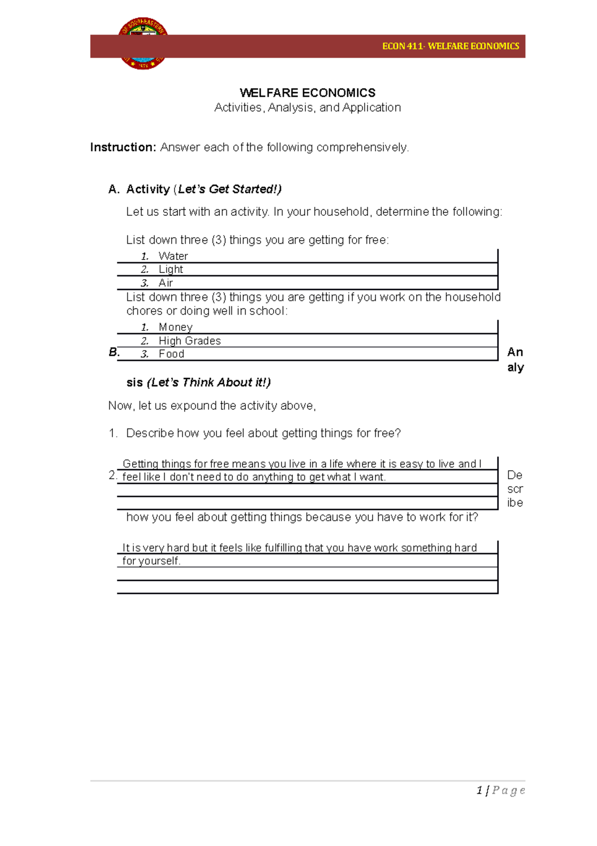 M1 WE lesson 1 Activities Analysis Application - ECON 411- WELFARE ...