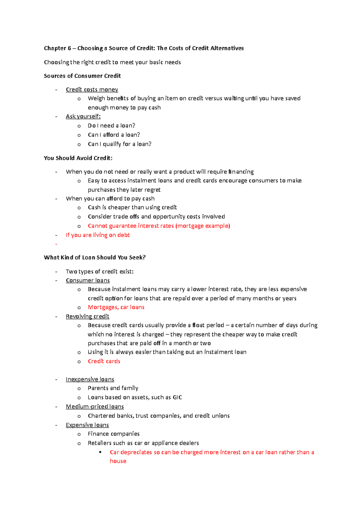 Chapter 6 - Choosing a Source of Credit, The Costs of Credit ...