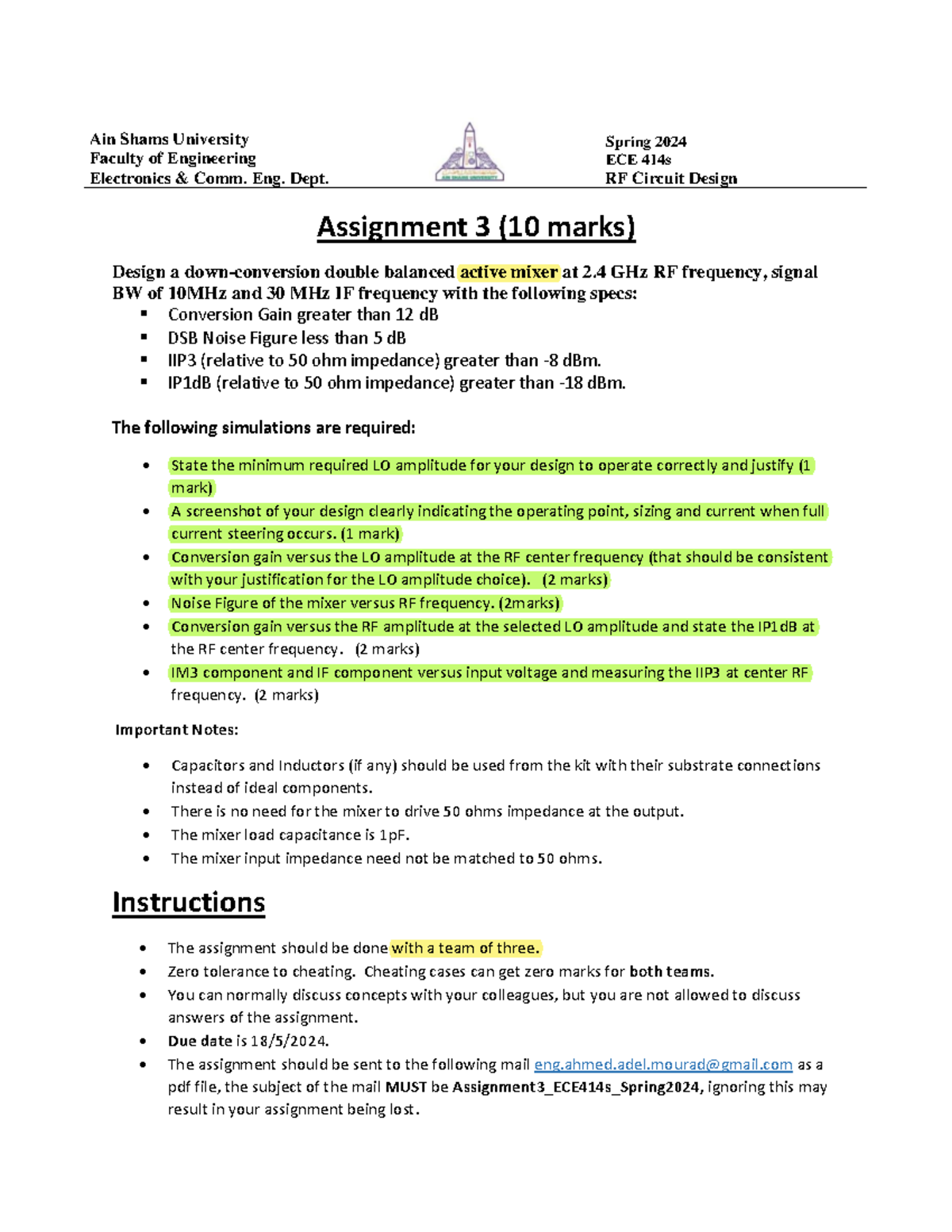 Assignment 3 ECE414s Spring 2024 Mixer Design - Ain Shams University ...