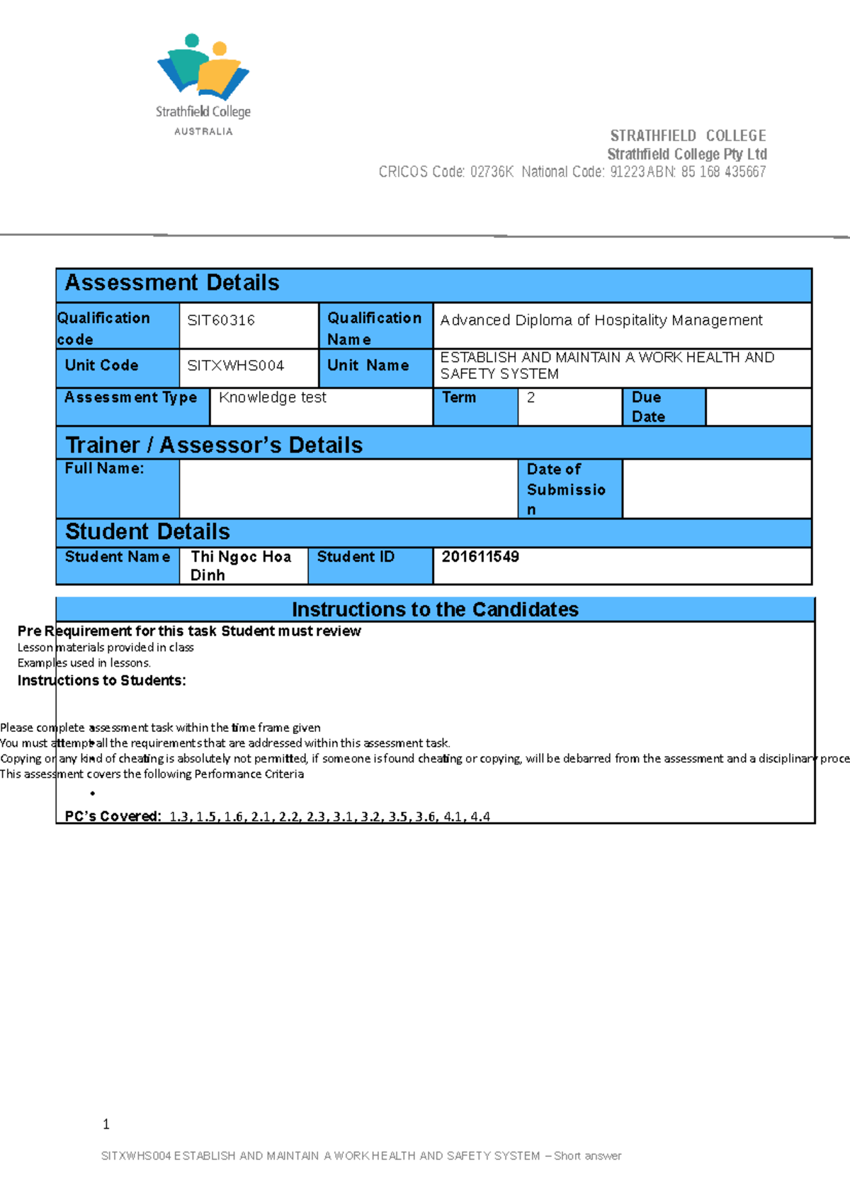 Sitxwhs 004 Assessment 1 Short answer V1 0 - STRATHFIELD COLLEGE ...