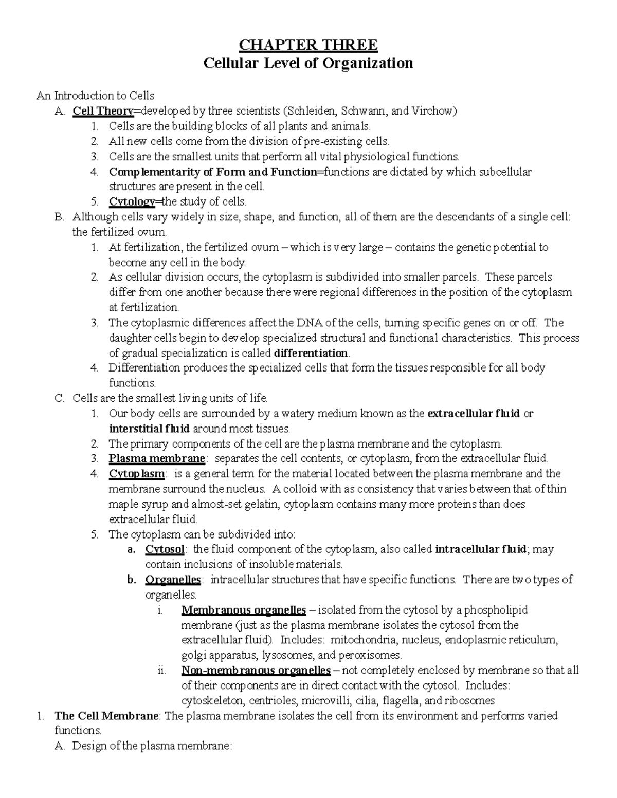Chapter 3 Outline cellular level of organization - CHAPTER THREE Cellular Level of Organization ...