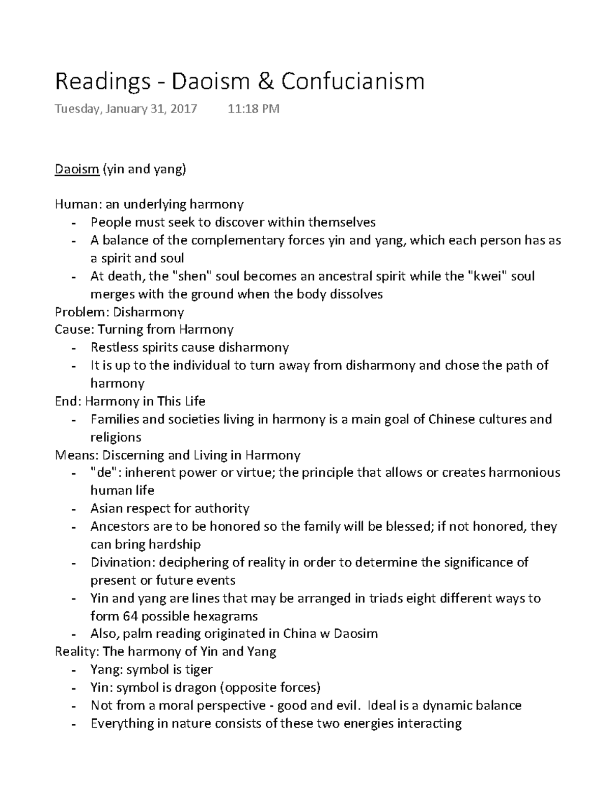 Daoism & Confucianism - Lecture notes 6 - Readings - Daoism ...