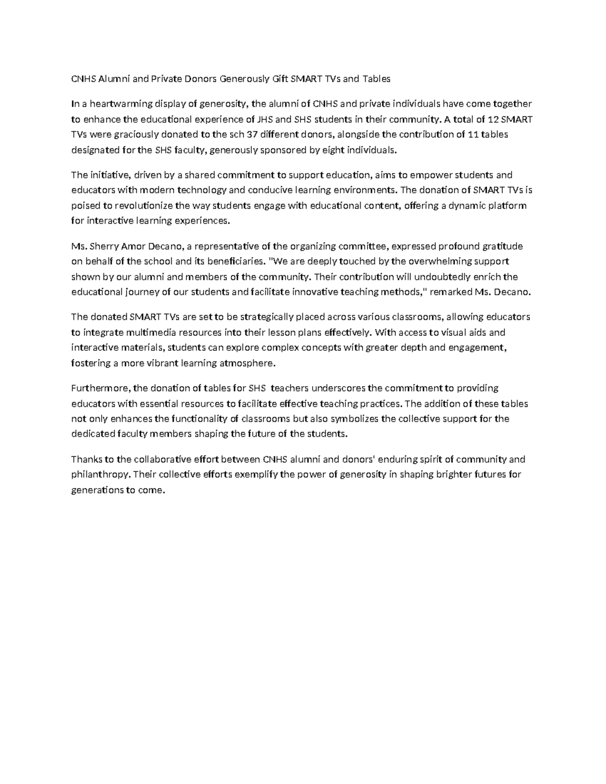 News Article for School Paper - CNHS Alumni and Private Donors ...