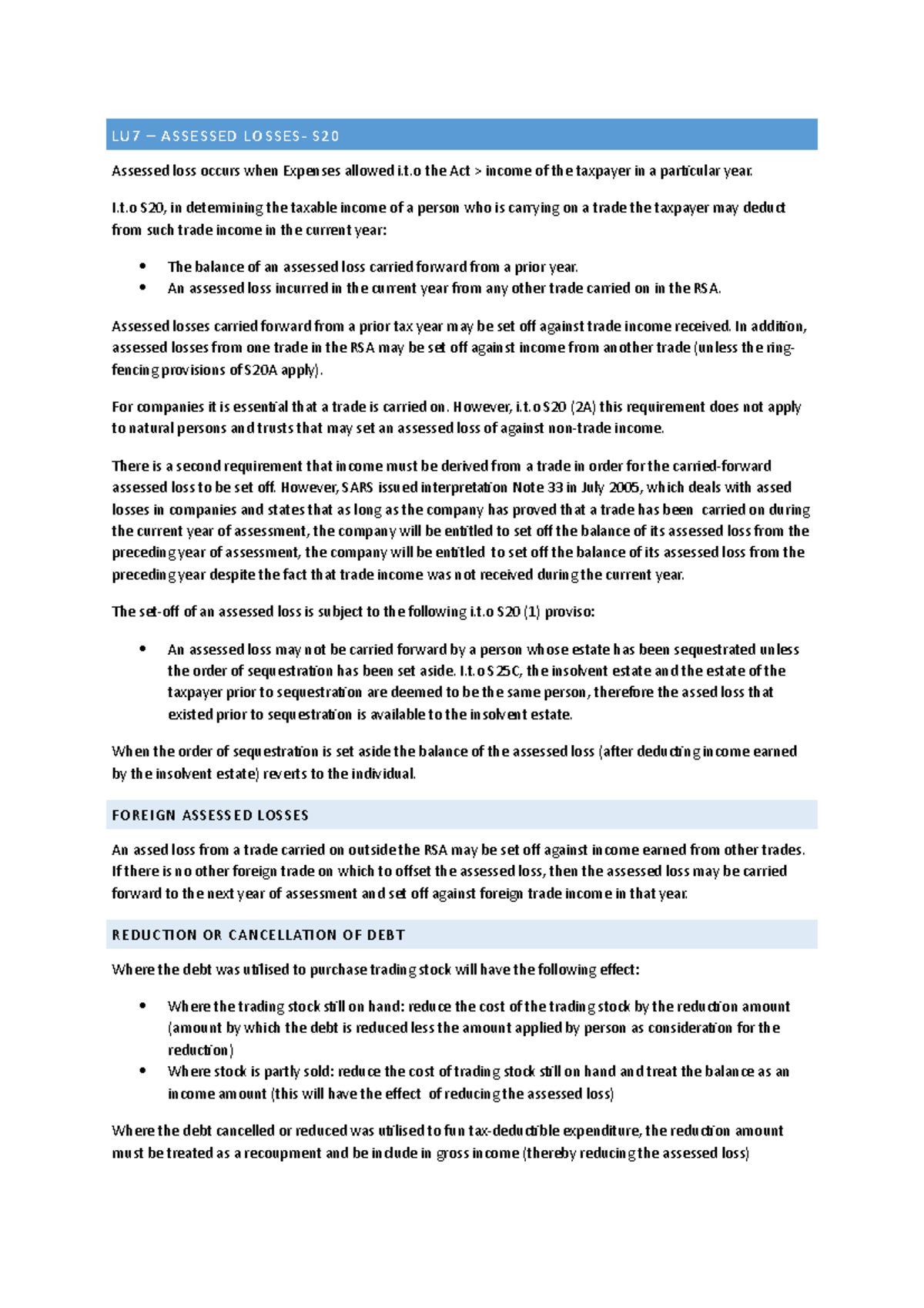 LU7 - Assessed Losses - Summary Principles of Taxation - LU7 – ASSESSED ...
