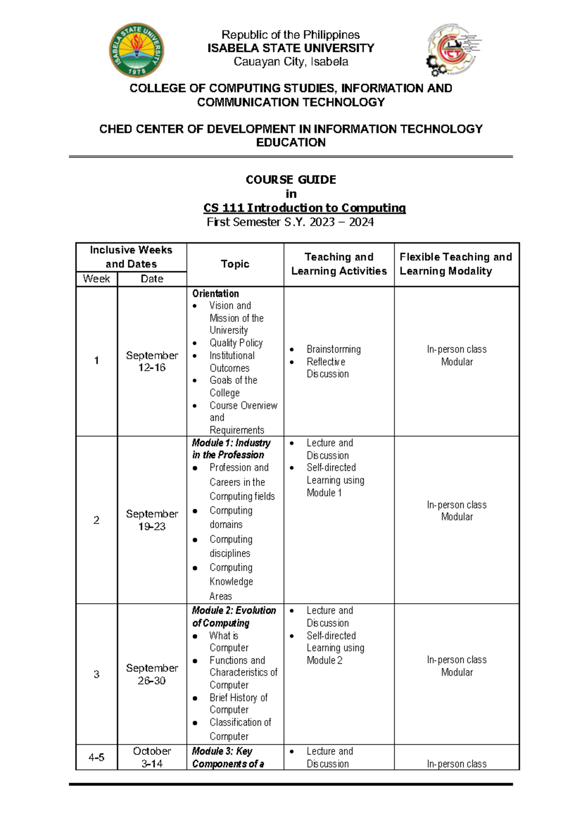 Course Guide in CS 111 Intorduction to Computing - ISABELA STATE UNIVERSITY Cauayan City ...
