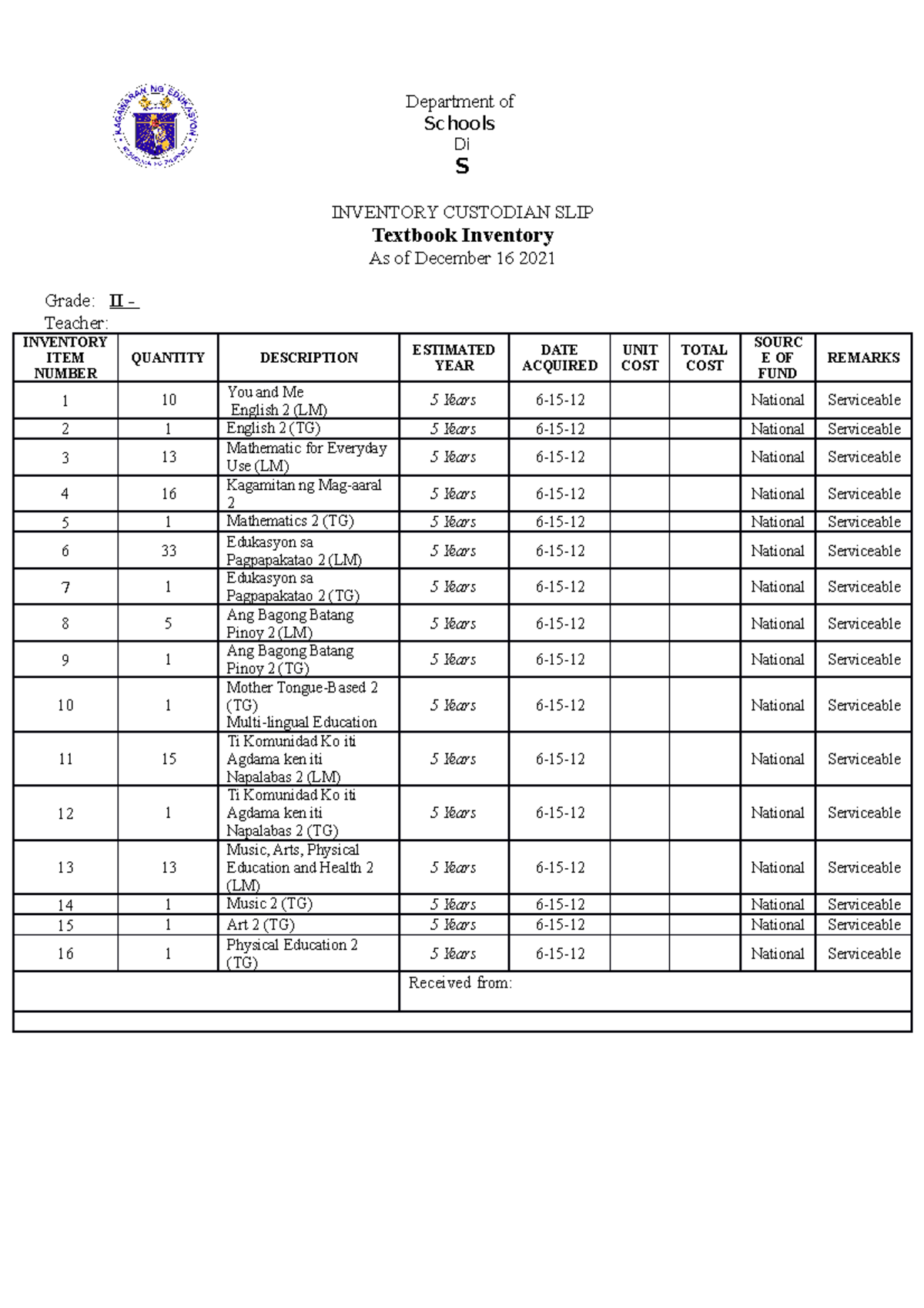 Inventory - N/A - Department of Schools Di S INVENTORY CUSTODIAN SLIP ...