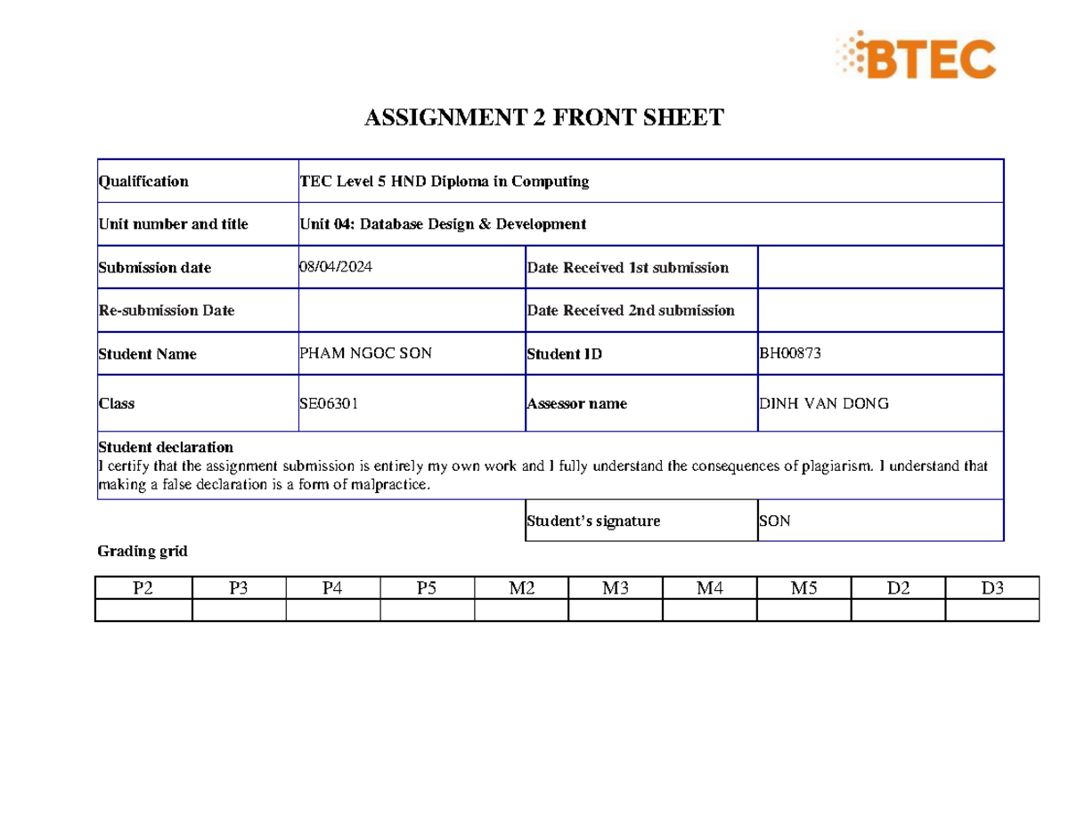 ASM2 1ST DDD Sonpn BH00873 - ASSIGNMENT 2 FRONT SHEET Qualification TEC Level 5 HND Diploma in ...