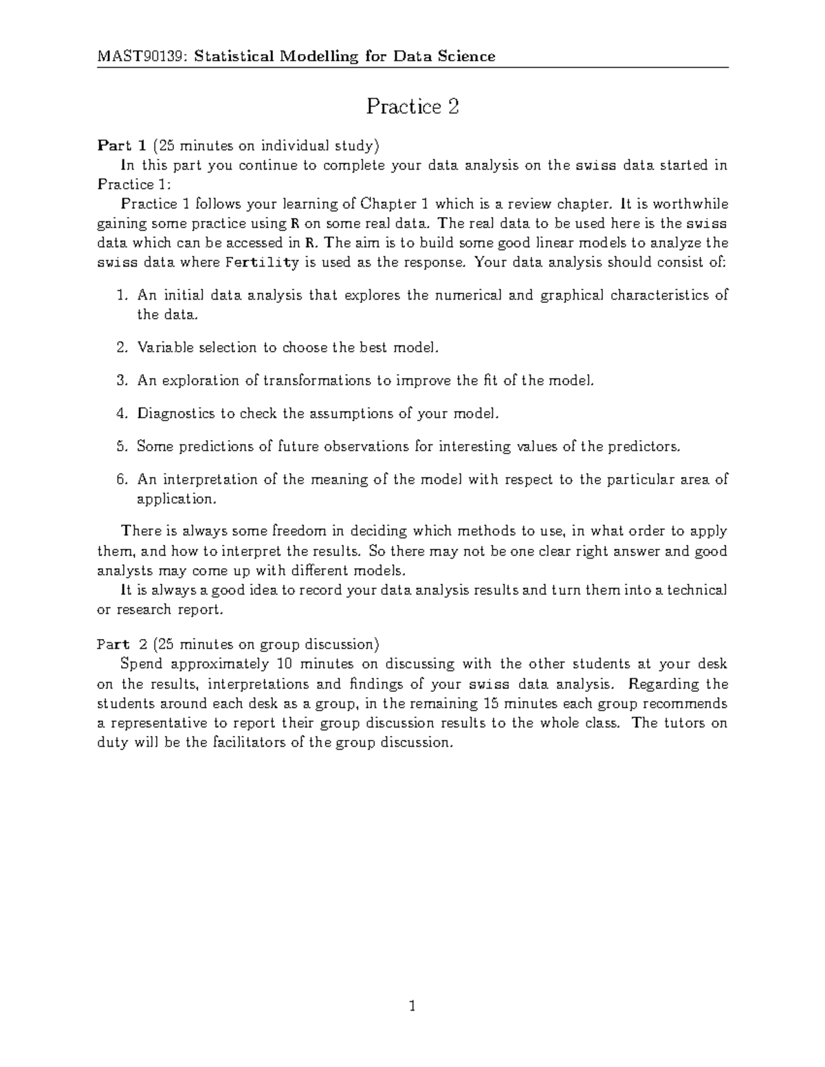 MAST90139 prac2 - prac - MAST90139: Statistical Modelling for Data Science Practice 2 Part 1 (25 ...