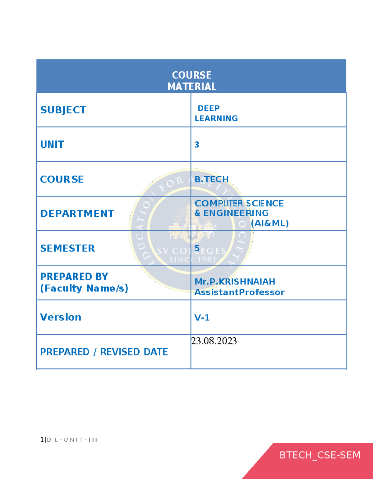 DL-UNIT-3 - notes - 1 |D L - U N I T - I I I BTECH_CSE-SEM 31 COURSE ...