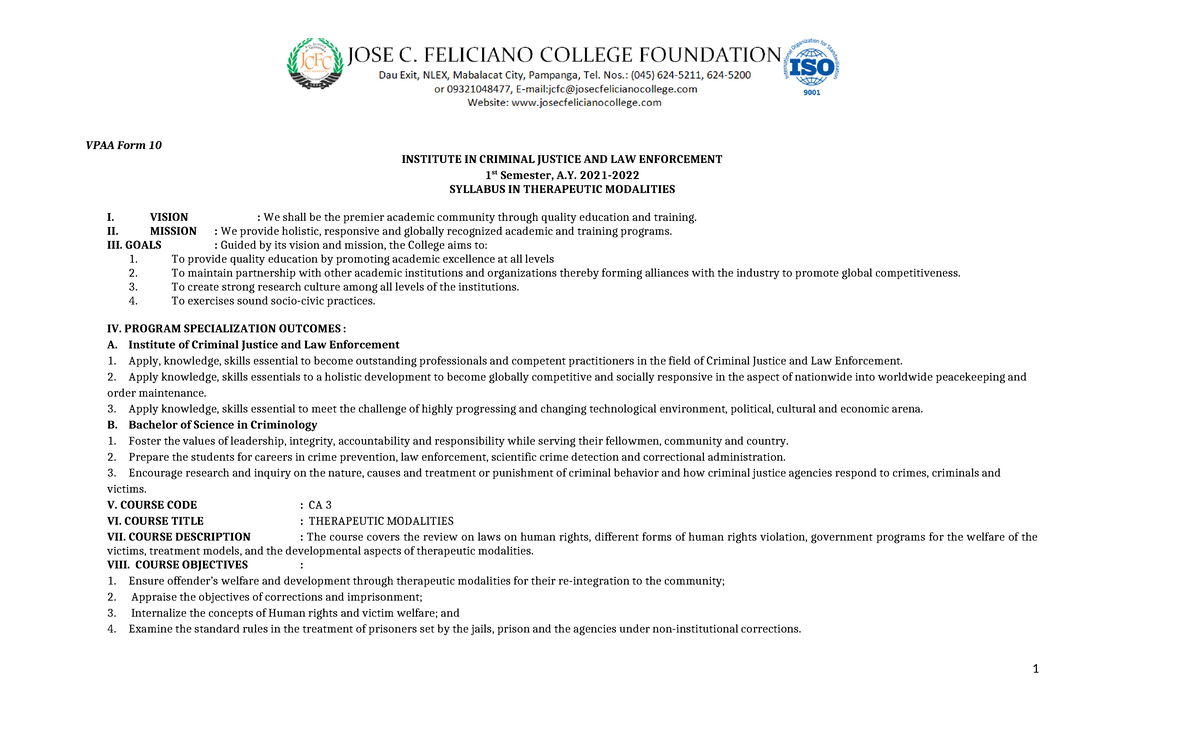 Syllabus-Therapeutic-Modalities - VPAA Form 10 INSTITUTE IN CRIMINAL ...