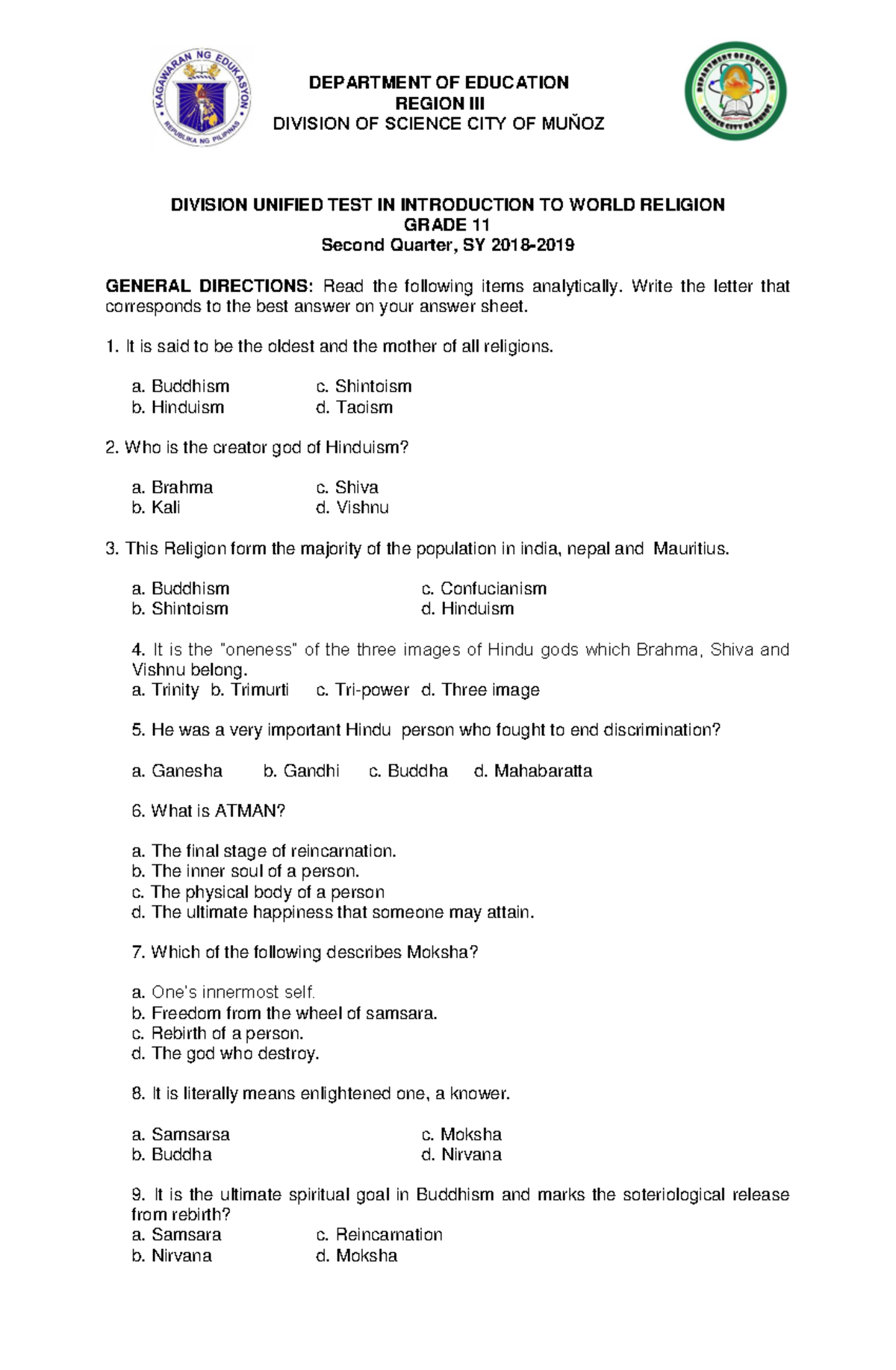 Introduction to world religion - DIVISION UNIFIED TEST IN INTRODUCTION ...