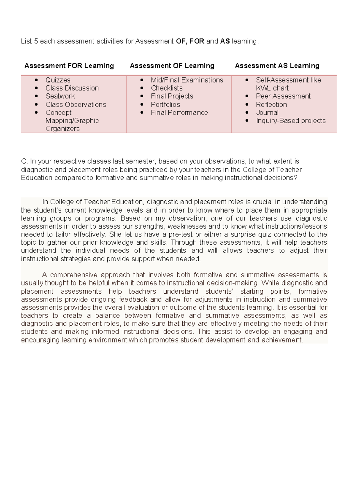 ASL Activity - assessment for learning - List 5 each assessment ...