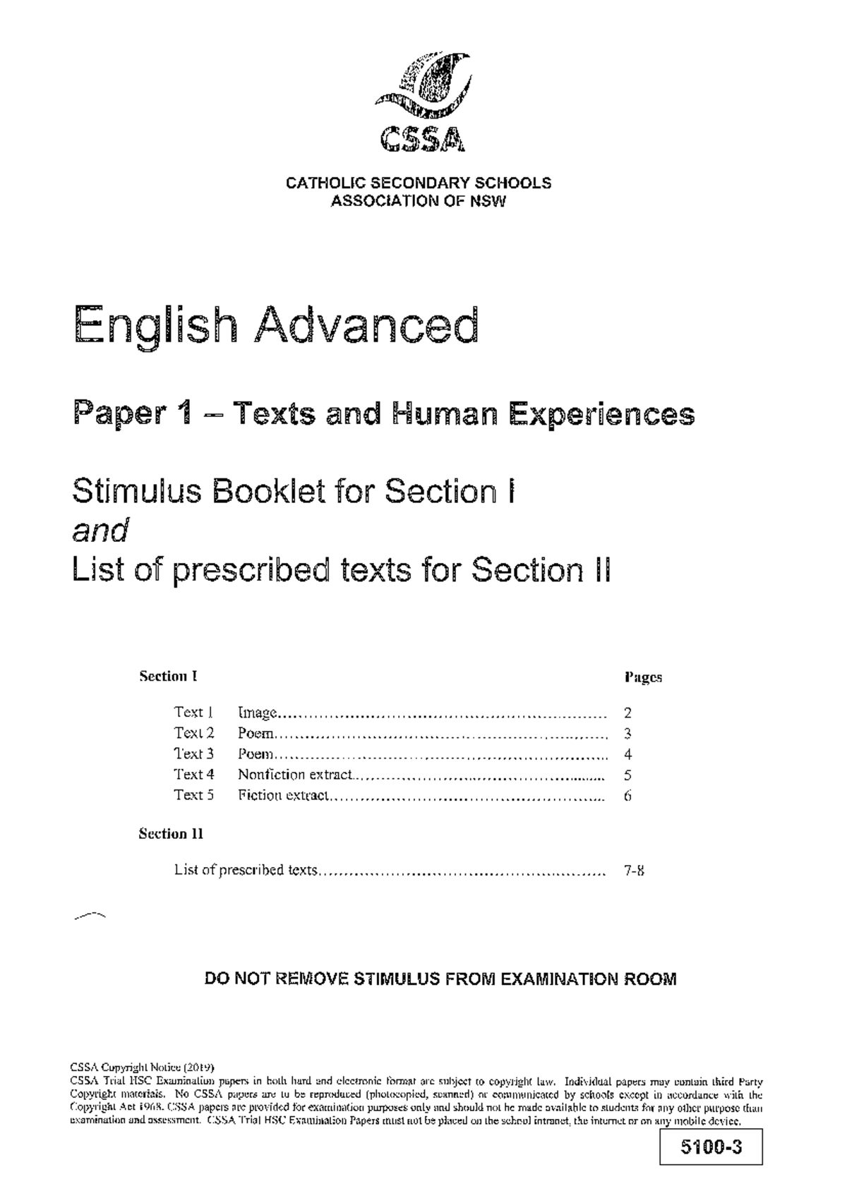 Catholic Schools Paper 1 Stimulus Booklet - CSSA CATHOLIC SECONDARY ...