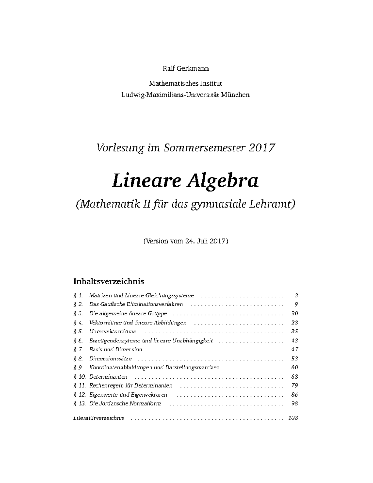 Mathe 2 - Zusammenfassung Lineare Algebra I - Ralf Gerkmann Mathematisches Institut - Studocu