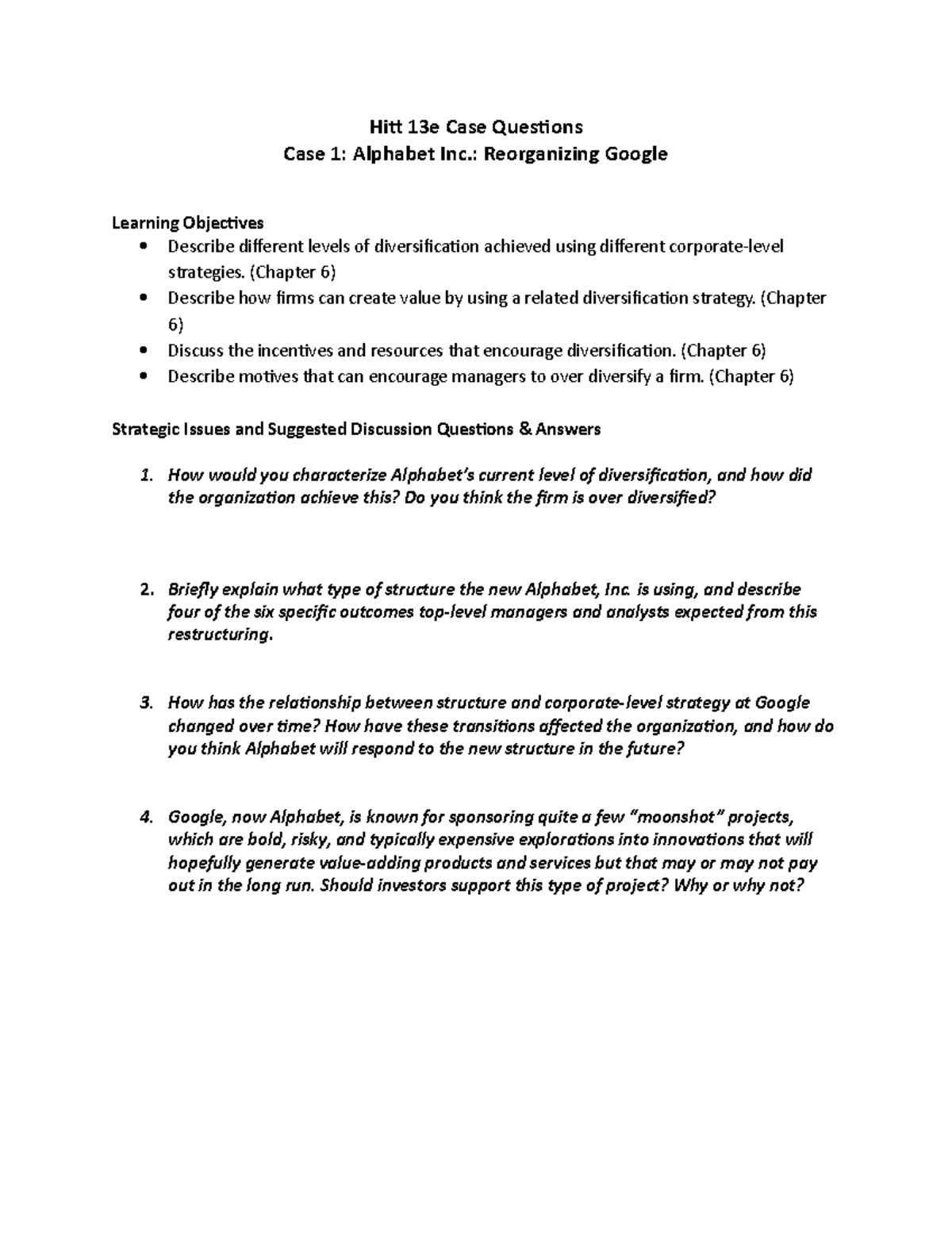 Case01 alphabet questions - Hitt 13e Case Questions Case 1: Alphabet Inc.: Reorganizing Google ...