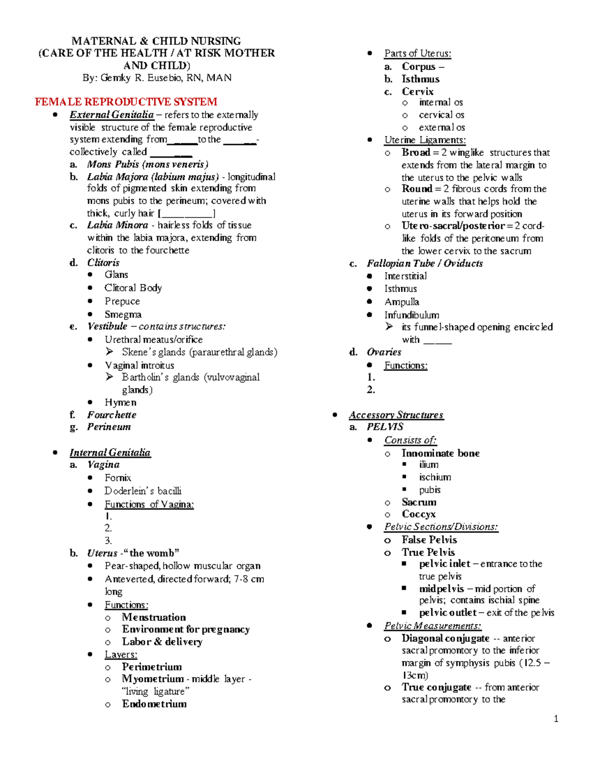 INA Maternal Child Notes - MATERNAL & CHILD NURSING (CARE OF THE HEALTH ...