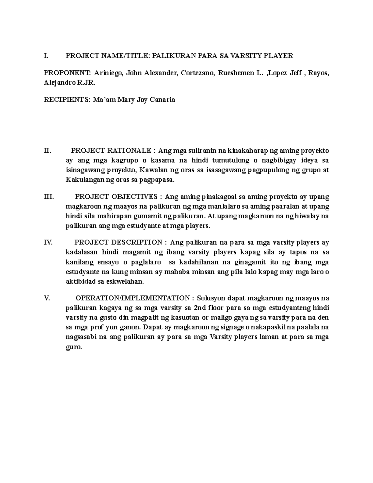 Maikling- Proposal - I. PROJECT NAME/TITLE: PALIKURAN PARA SA VARSITY ...