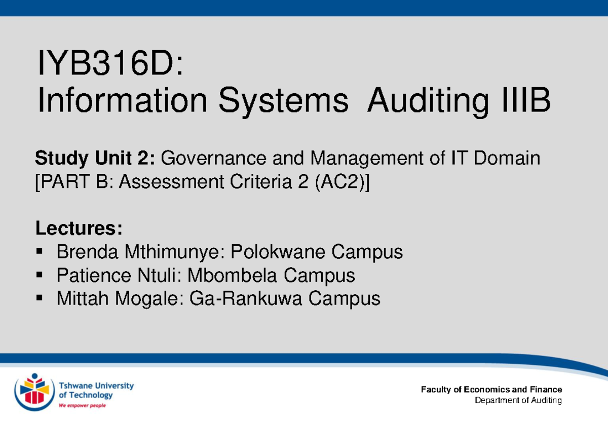 Information Systems Auditing Lecture Notes Faculty Of Economics And Finance Iyb316d