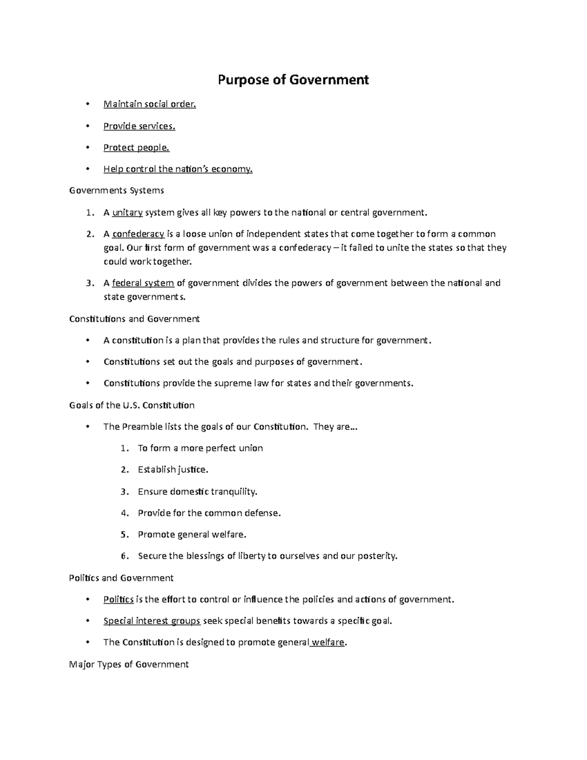 Purpose of Government - Purpose of Government Maintain social order ...