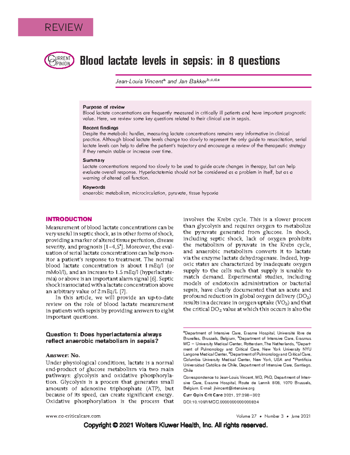 Blood lactate levels in sepsis in 8 questions - CURRENT OPINION Blood ...